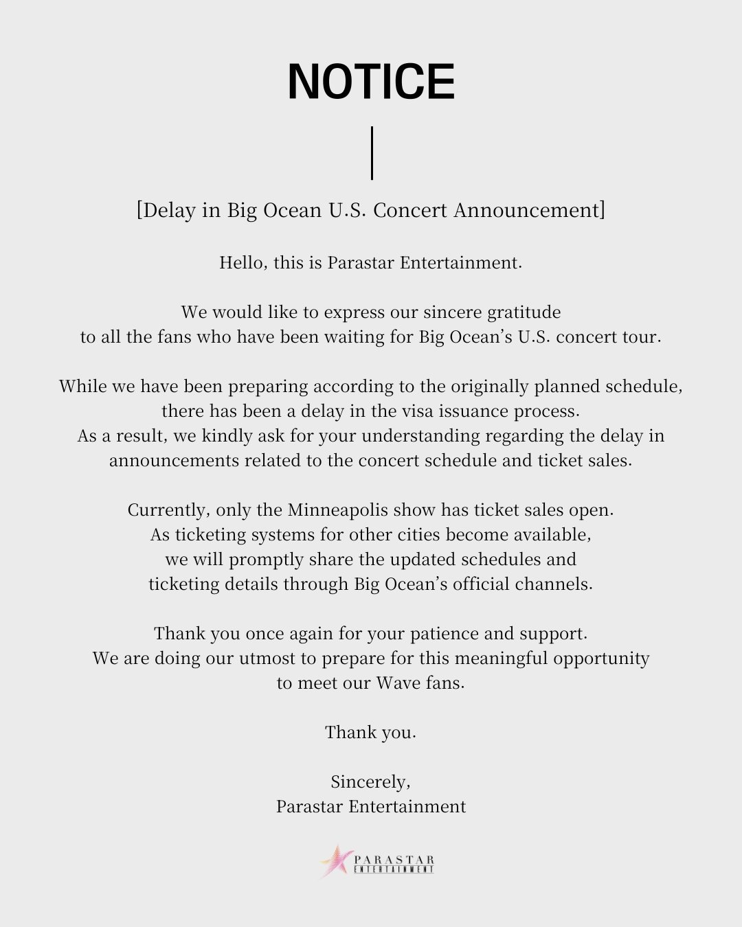 [NOTICE] Delay in Big Ocean U.S Concert Announcement｜미국 콘서트 안내 지연